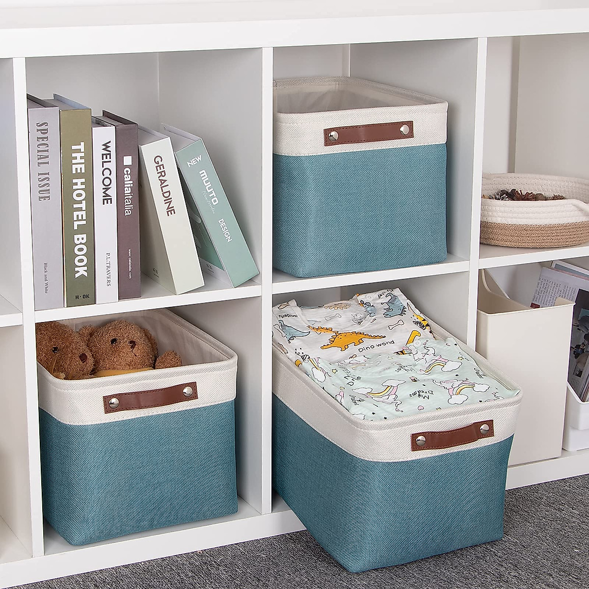 HNZIGE Fabric Storage Baskets for Organizing Small Baskets for Shelves, Laundry, Nursery, Closets, Decorative Baskets for Gifts Empty (White&Teal)