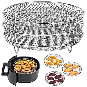3 Layer Air Fryer Three Stackable Dehydrator Racks 304 Stainless Steel Air Fryer Basket Tray Air Fryer Accessories Dishwasher Safe Fit for Oven and Press Cooker Compatible with Most Air Fryer (Round)
