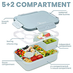 Bugucat Bento Box Adult Lunch Box, 1300Ml/45OZ Leak-Proof Lunch Box with 4 Compartments Cutlery Sauce Container, Lunch containers for Adults/Kids/Toddler Suitable for School