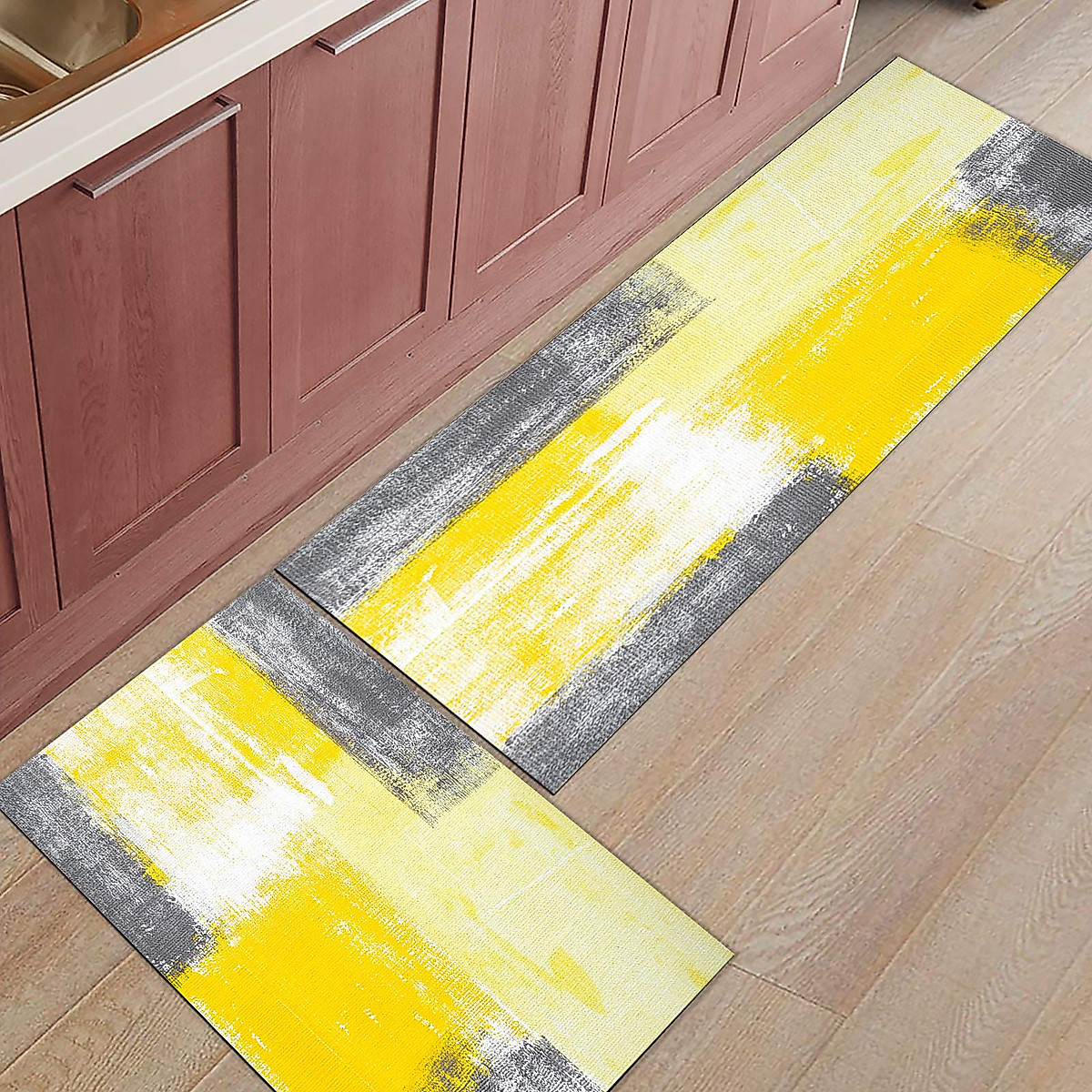 Kitchen Rugs and Mats Non-Slip Cushioned Anti-Fatigue Kitchen Rug with Runner Set of 2, Yellow Gray Modern Abstract Art Painting Graffiti Design Kitchen Mats for Floor 15.7x23.6inch+15.7x47.2inch
