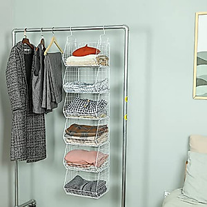 X-cosrack 6 Tier Closet Hanging Organizer, Clothes Hanging Shelves with 4 Hanging Hooks 5 S Hooks, Wire Storage Basket Bins, for Clothing Sweaters Shoes Handbags Clutches Accessories Patent Design