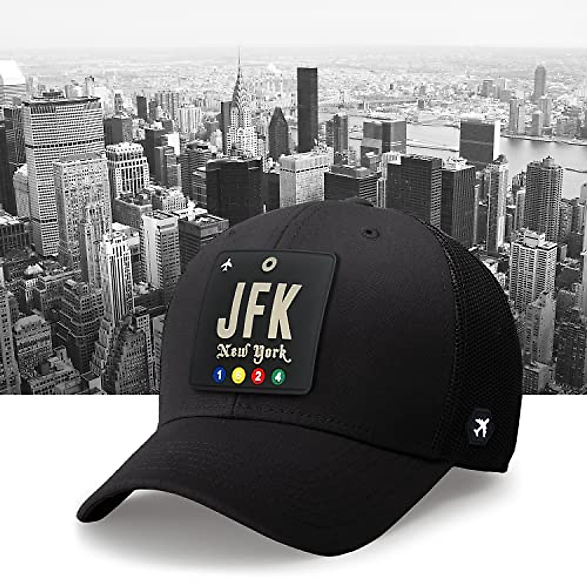 We Fly Trucker Hat for Men & Women, Adjustable Baseball Hat, Mesh Snapback, Travel Essential Hat (New York, Black)