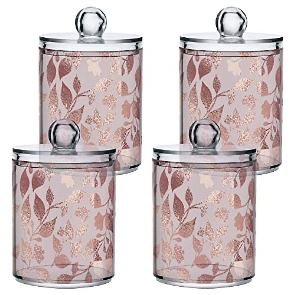 Kigai Rose Gold Twig 4 Pack Qtip Holder Storage Canister 10 OZ Plastic Apothecary Jars with Lids Bathroom Makeup Organizers Sets for Floss, Cotton Ball, Cotton Swab, Cotton Round Pads