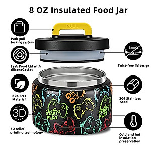 JXXM 8 Oz Thermo Food Jar for Hot & Cold Food for Kids, Insulated Lunch Containers Hot Food Jar,Leak-Proof Vacuum Stainless Steel Wide Mouth Lunch Soup thermo for School,Travel (BLACK-Game Console)