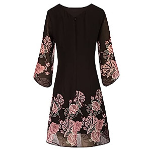 Women 3/4 Sleeve Loose Chiffon Dress Shift Dress Midi Black-Pink Flower-2 XL