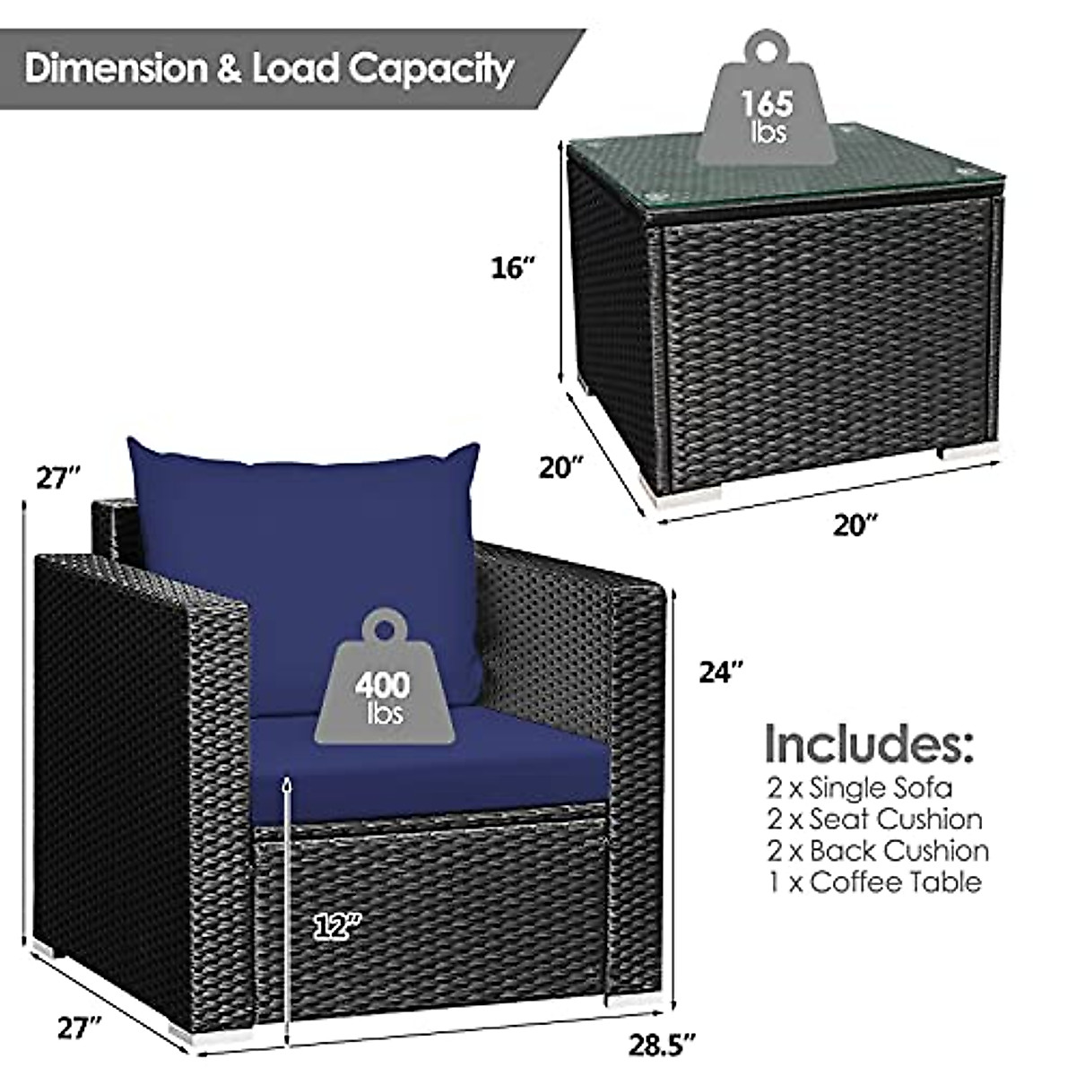 HAPPYGRILL 3-Piece Patio Furniture Set Rattan Wicker Patio Conversation Set with Coffee Table and Cushions Outdoor Sofa Set for Garden Balcony Porch Poolside