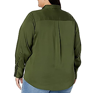 Amazon Essentials Women's Classic-Fit Satin Button Down Blouse (Available in Plus Size), Dark Olive, Medium