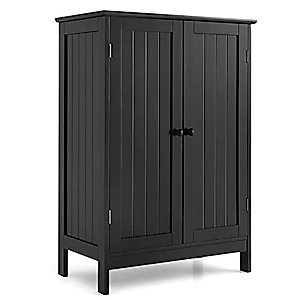 Tangkula Bathroom Floor Cabinet, Freestanding Storage Cabinet with Double Doors and Shelf, Modern Home Furniture, Wooden Home Organizer for Living Room, Bathroom Storage Cabinet (Black)