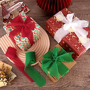 4 Rolls Christmas Ribbons, 1.5" x 32Yds Chiffon Ribbons Handmade Fringe Christmas Chiffon Ribbons for Christmas Gift Wrapping Party DIY Crafts