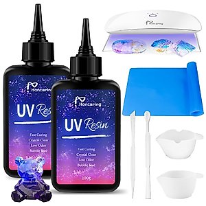 UV Resin Kit 200g with UV Light, Hard Type UV Resin Kit, Upgraded Formula & Crystal Clear UV Resin for Jewlery Making, 100g*2 Resin UV Kit with Light for Earring, Pendant, DIY