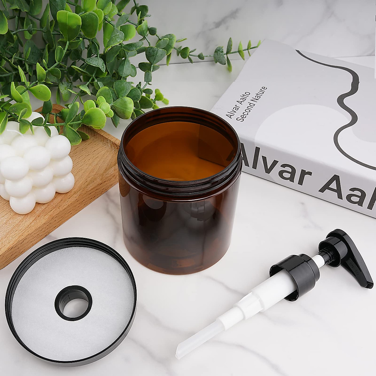 Hethyo Pump Bottle Dispenser 3 Pcs 600ml/20oz Refillable Plastic Pump Bottles Wide Mouth Jar Style BPA Free Empty Pump Bottles Bathroom Shower Containers for Lotion Shampoo Conditioner (Brown)