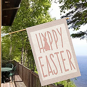 Easternproject Happy Easter Rabbit House Flag Double Sided Pink White Stripes Easter Bunny Burlap Garden Flags Spring Rustic Farmhouse Yard Outdoor Decoration 28x40 Inch