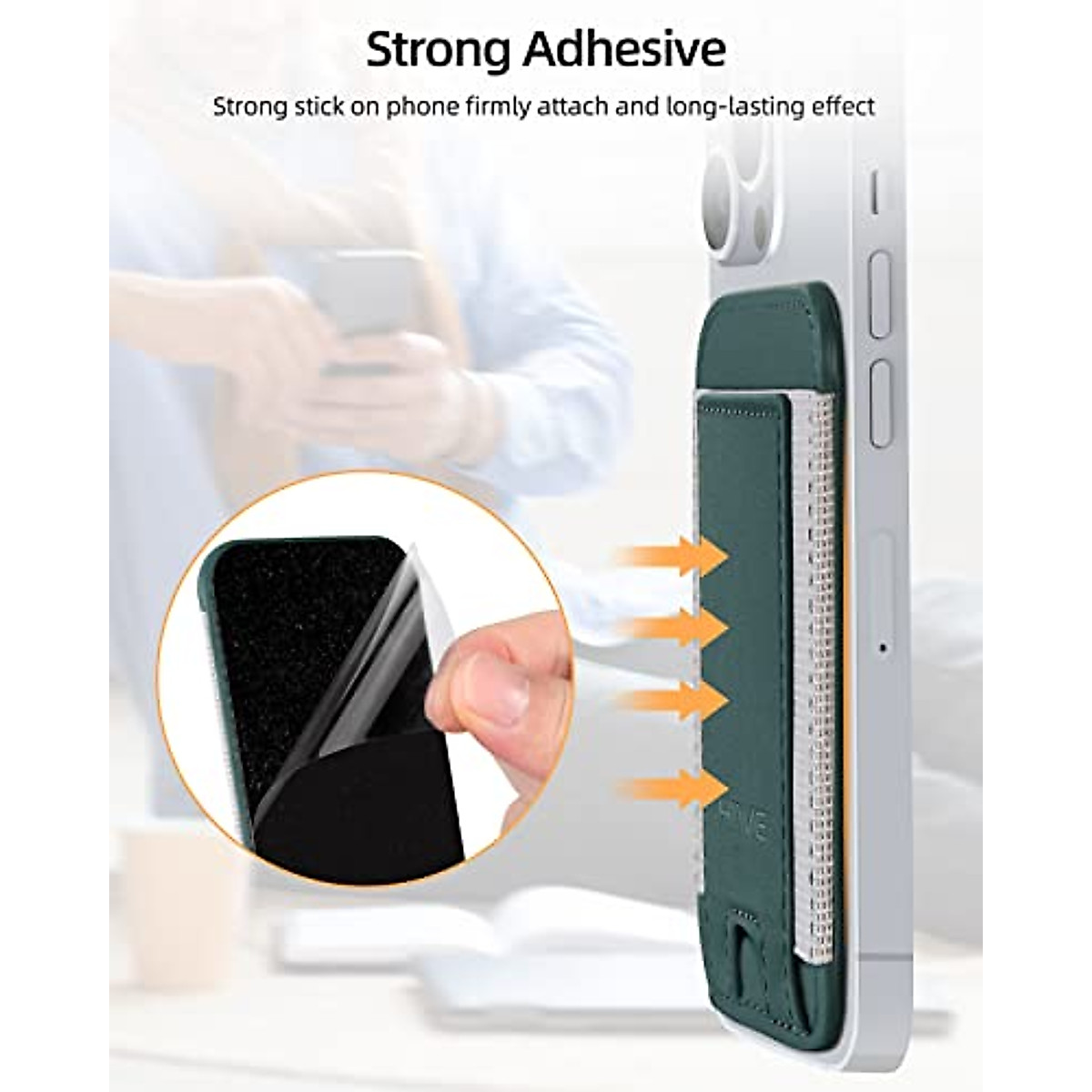 Phone Card Holder, Premium Leather Phone Wallet Stick On, Strong Adhesive Cell Phone Pocket Credit Card Holder for Phone Compatible with iPhone, Samsung & Most Smartphones, Fit 7 Cards, Green, 1 Pack