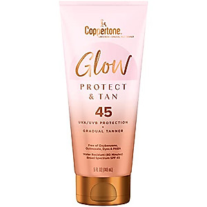 Coppertone Glow Protect and Tan Sunscreen Lotion with Gradual Self Tanner SPF 45, Water Resistant Sunscreen, SPF 45 Broad Spectrum Sunscreen SPF 45, 5 Fl Oz Tube