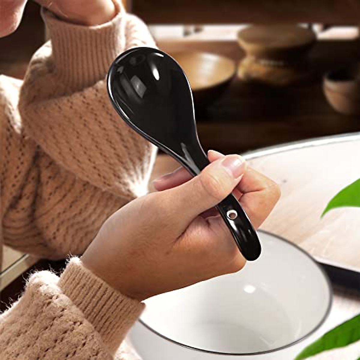 Wareland Asian Soup Spoon Set of 6, 6.75 inch Ultra-fine Ceramic Chinese Soup Spoons, Black Japanese Soup Spoon for Cereal Stews Ramen Pho Wonton Dumpling Miso, Deep Oval Hook Design, Dishwasher Safe