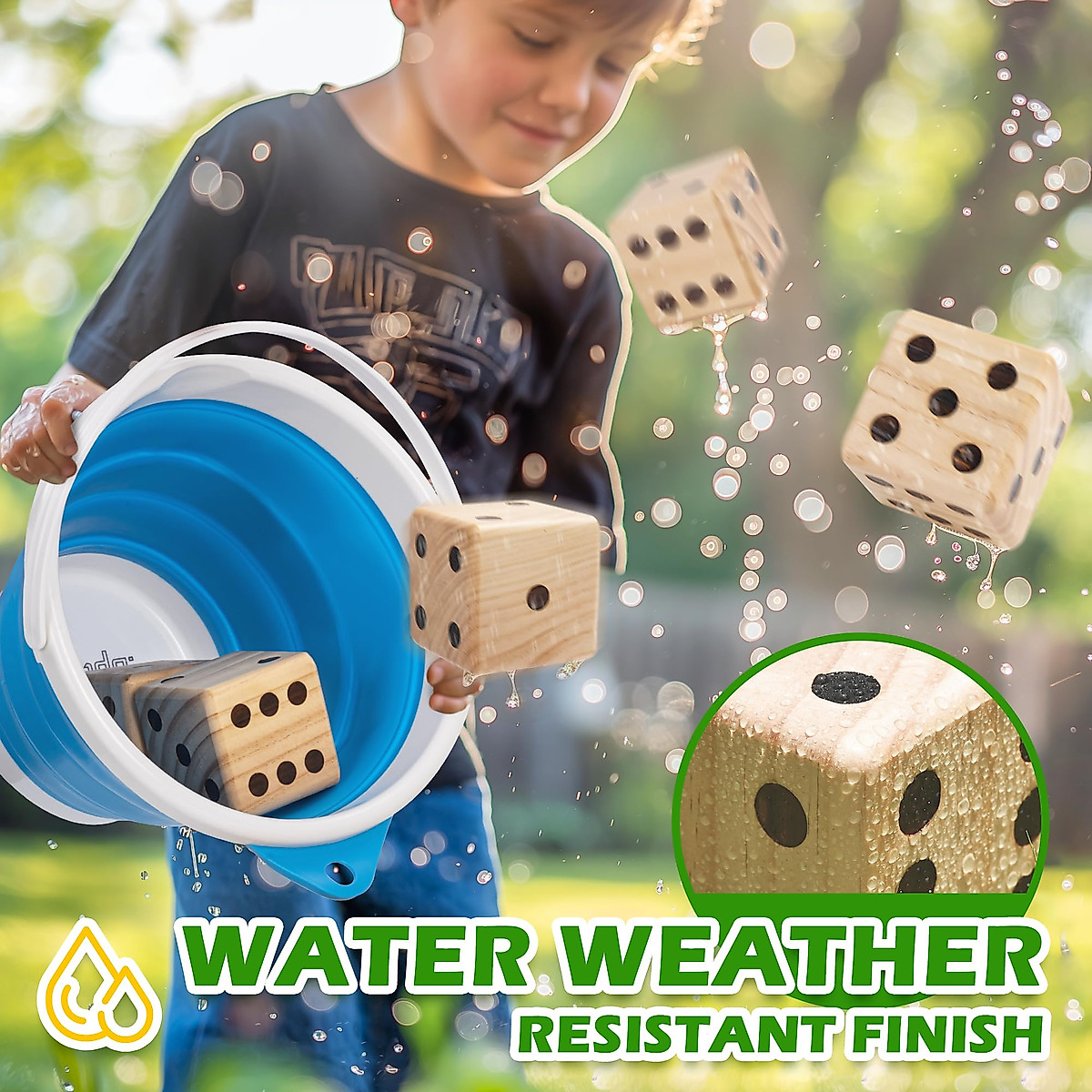 ropoda 3.5" Giant Wooden Yard Dice Set for Outdoor Fun, Barbeque, Party Events, Backyard Games, Lawn Games Includes 6 Dice, Collapsible Bucket, Score Cards & Dry Erase Marker