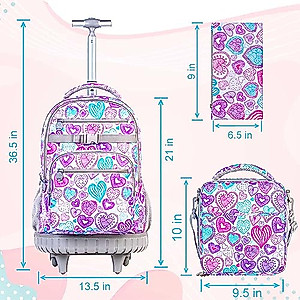FTJCF 3pcs Rolling Backpack for Women, 21 Inche Adult Bag with Roller Wheels, Wheeled Bookbag Set for Girls - PinkGrey