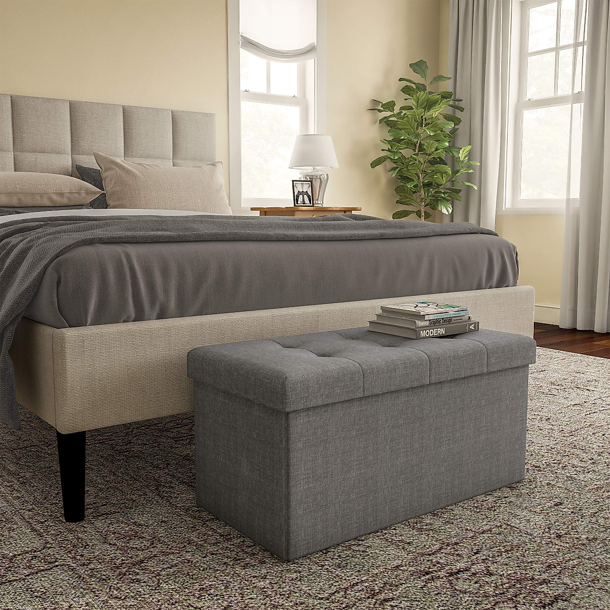 Folding Storage Ottoman - 30-Inch Tufted Footrest, Linen Chest, or Bench with Removable Bin for Living Room, Bedroom, or Dorm by Lavish Home (Gray)