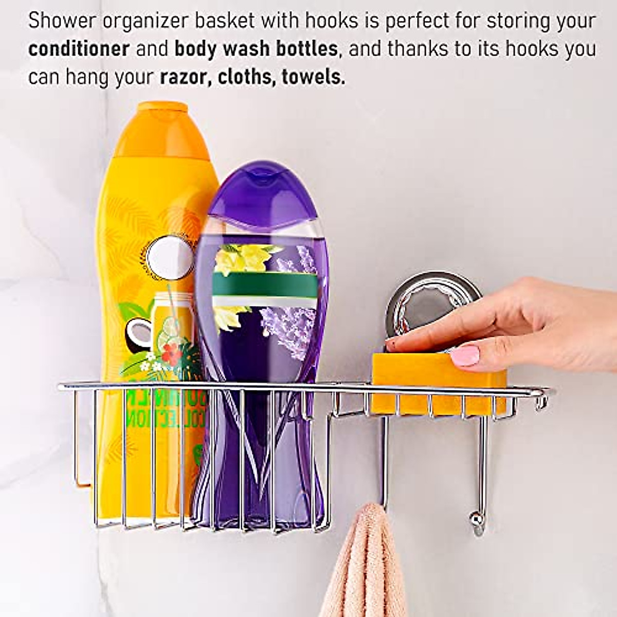 EDNA HOME Shower Organizer with Vacuum Suction Cups, Shower Caddy with 2 Levels, Rustproof Chrome Storage Basket, Bathroom Holder for Soap, Shampoo, Gel, Conditioner, Made in Europe