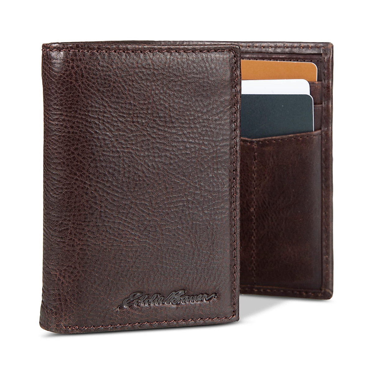 Eddie Bauer Men Signature Trifold Wallet, Leather Logo-Brown, One Size