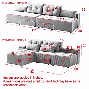 UPYOOE Modular Sectional Sofa, Convertible 3 in 1 Sleeper Sofa Bed with 4 Storage Space, King Size Pull Out Bed, 77''-111'' Wide Sectional Couch, Loveseat Sofa Chaise for Living Room, Corduroy Green