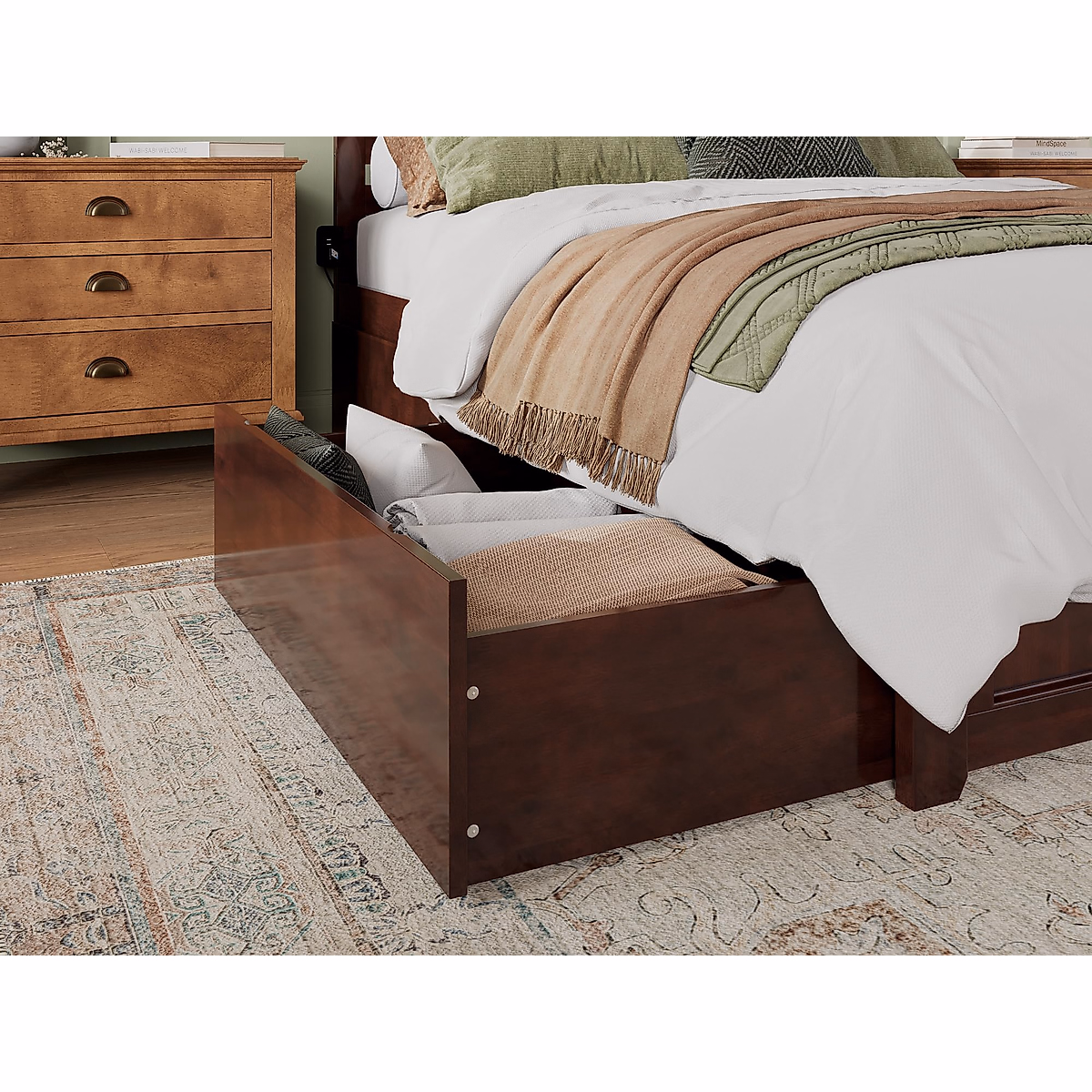 Atlantic Furniture AR8646114 Madison Platform Bed with Matching Foot Board and 2 Urban Bed Drawers, Queen, Walnut