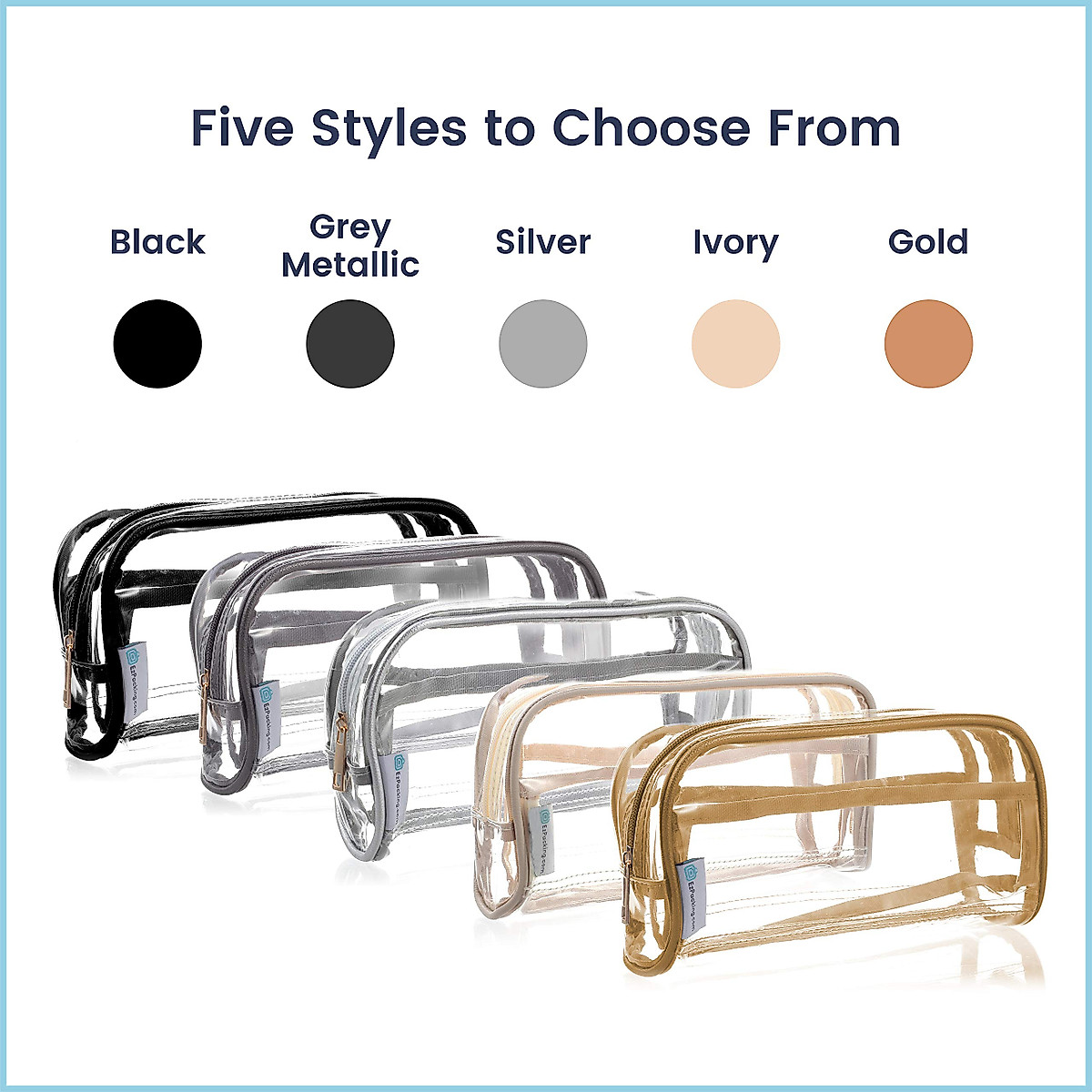 EzPacking Clear Makeup & Brush Bag/Long Cosmetic Pouch for Travel/Vegan Leather Piping/Small See Through PVC Plastic & Transparent Design/Hair Product Organizer (Ivory)