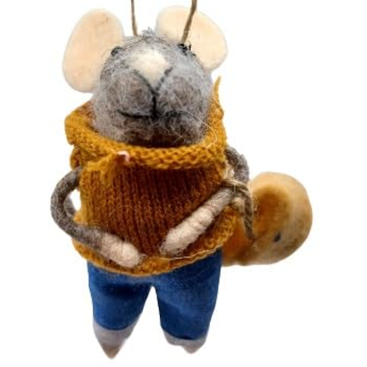 OnHoliday Wool Felt Mouse in Sweater and Jeans Gardening with Basket Hanging Christmas Tree Ornament