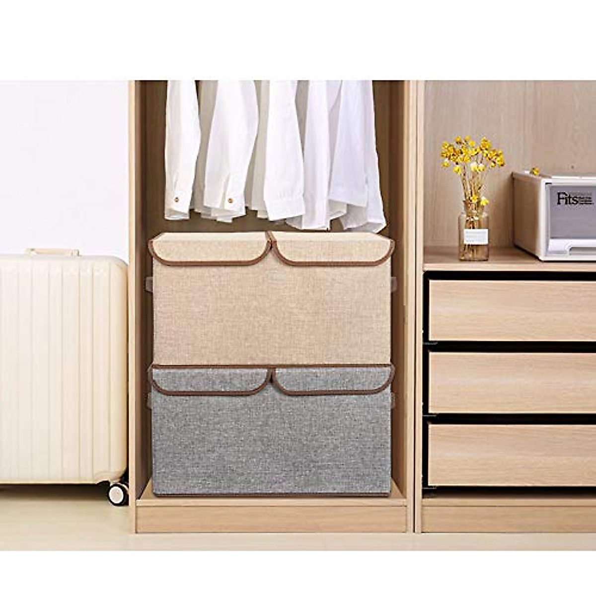 UUJOLY Large Storage Bins Linen Fabric Foldable Basket Cubes Organizer Storage Box Drawer with Lid and Handles for Home, Office, Closet, Bedroom, Nursery (Gray)