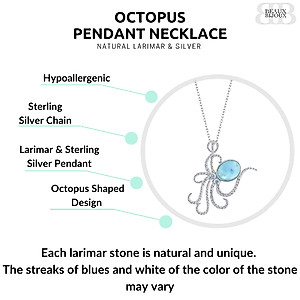Beaux Bijoux Nautical Octopus Caribbean Natural Larimar Gemstone Sterling Silver Pendant 18’’ Necklace Jewelry for Women or Teens