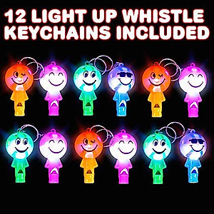 ArtCreativity Light Up Keychains for Kids with Whistles, Set of 12, LED Smile Face Key Chains and Bag Accessories, Fun Birthday Party Favors for Children, Goodie Bag Fillers for Boys and Girls
