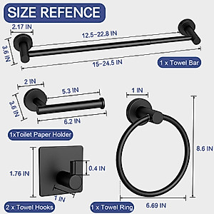 Black Bathroom Hardware Towel Holder 5 Pieces,Matte Towel Racks for Bathroom Set includes 15"-24.5" retractable Towel Bar,Towel Ring,Toilet Paper Holder,Robe Towel Hooks