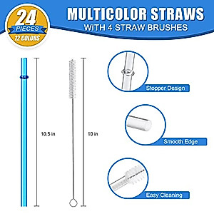24 PCS, Reusable Straws with 4 Cleaning Brushes, 10.5" Long Tritan Hard Plastic Straws, 12 Colors Translucent Replacement Drinking Straws for 16OZ-32 OZ Tumblers, Cups, Jars, YETI, Starbucks, BPA Free