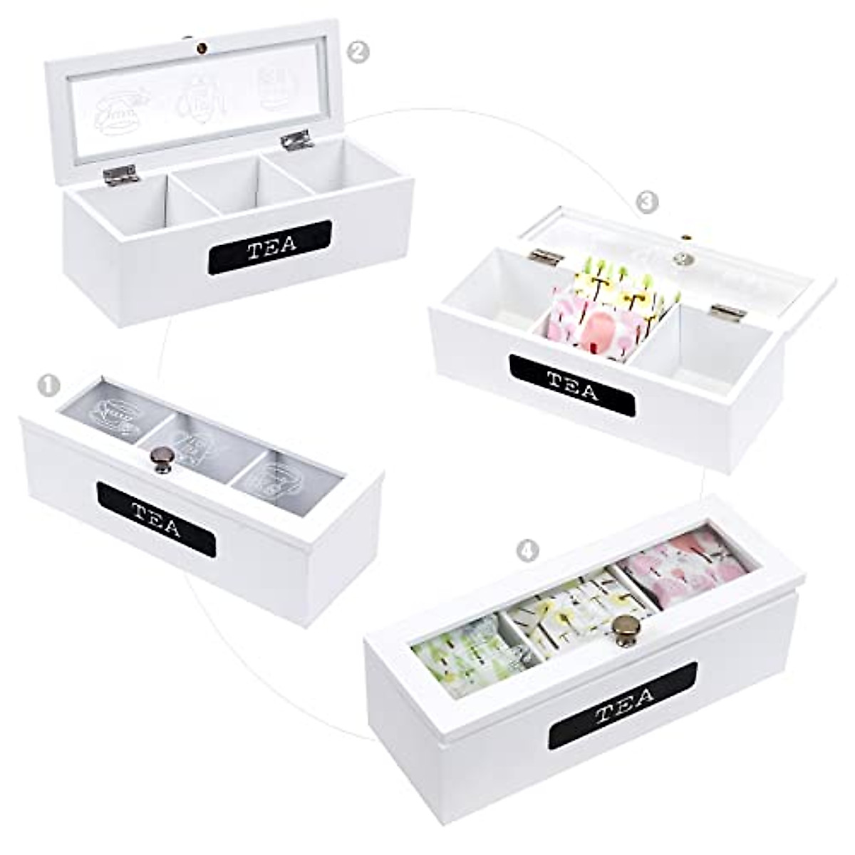 Tea Bag Organizer,White Wood 3 Compartment Tea Bag Organizer,Tea Holder Organizer,Tea Box Storage Box,Tea Box Organizer for Organizer and Display Tea Bags