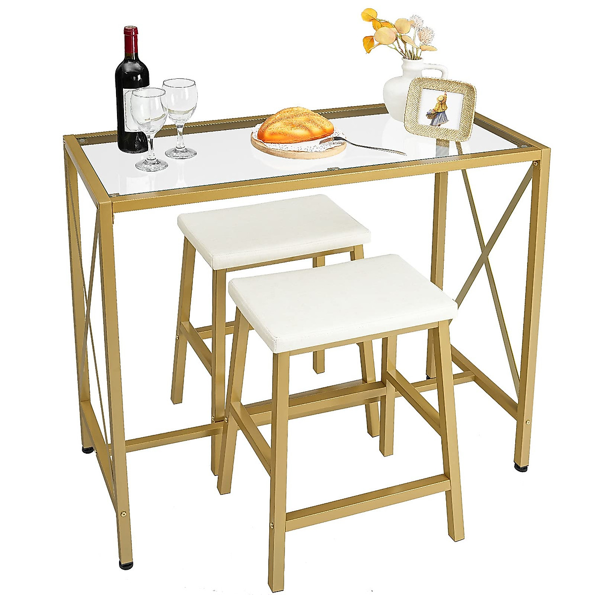HOOBRO Bar Table Set of 2, 3 Piece Modern Bar Table and Chairs Set, 39.4'' Pub Table Dining Set, Counter Height Table, for Living Room, Kitchen Small Space, Gold and White GD14BT01