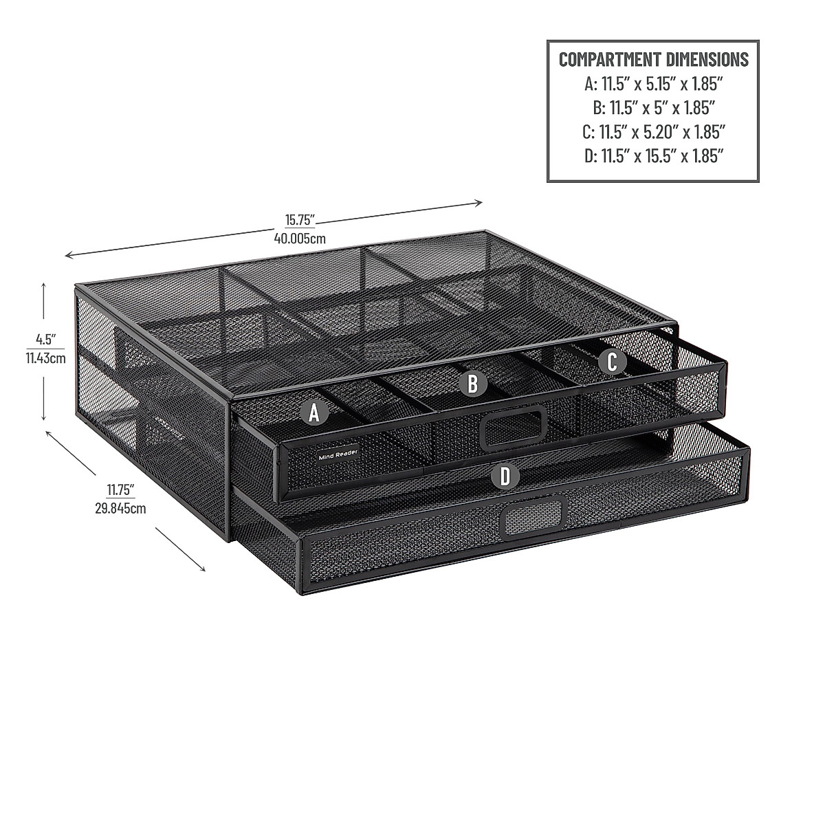 Mind Reader Monitor Stand, Ventilated Laptop Riser, Storage Drawer, Office, Metal Mesh, 15.75"L x 11.75"W x 4.5"H, Black