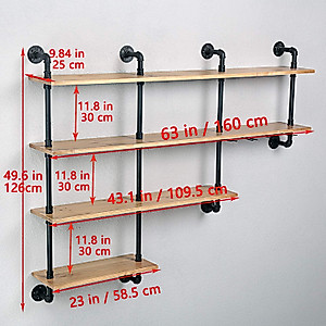 4-Tiers 63inch Industrial Pipe Shelving,Rustic Wooden&Metal Floating Shelves,Home Decor Shelves Wall Mount with Wine Rack,Black