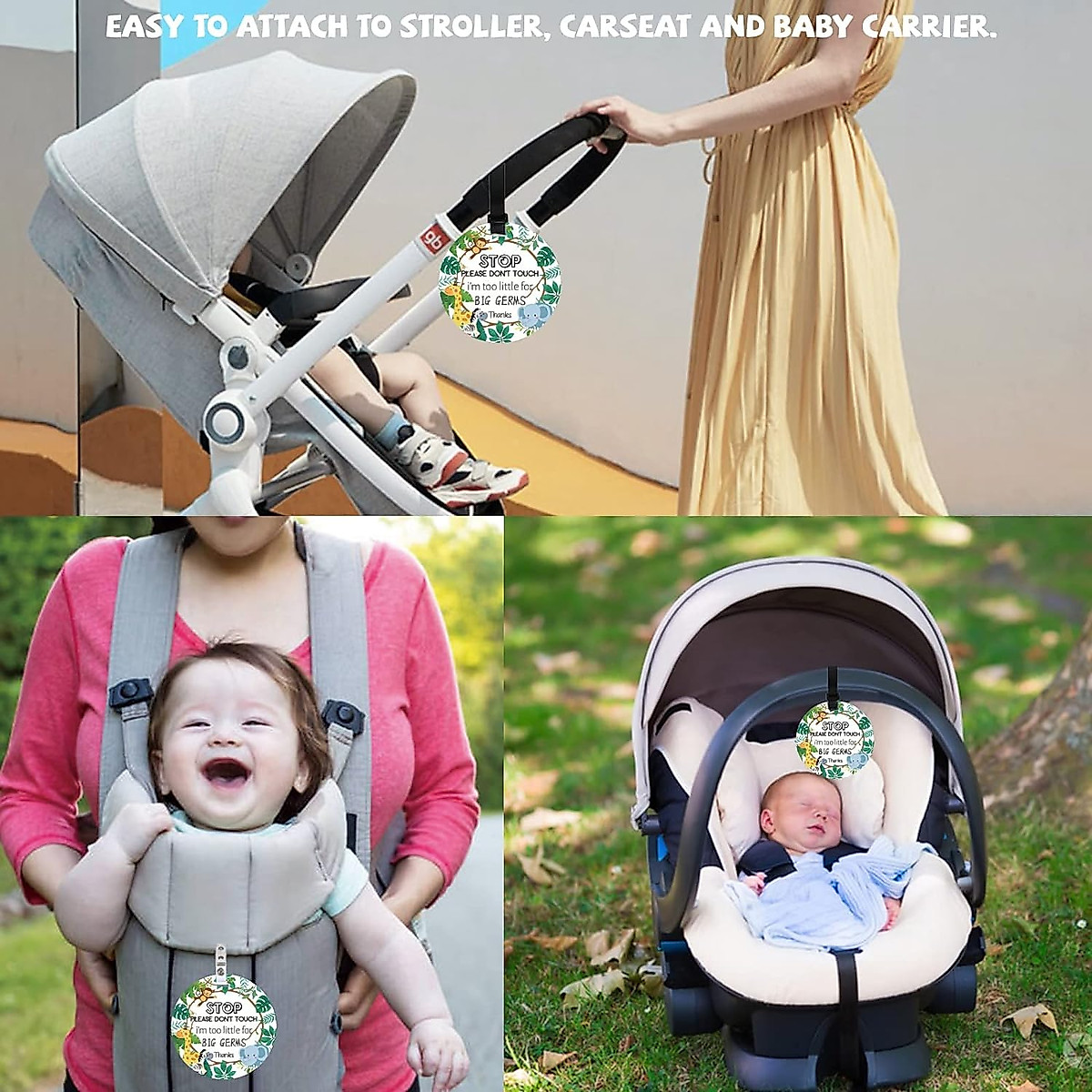 PLIGREAT 2 Pack No Touching Baby Car Seat Sign, No Kissing Baby Stroller Tag with Hanging Straps and Clip, Please Dont Touch Baby Safety Sign for Baby Girl Boy, Green Leaves and Cute Animals Pattern