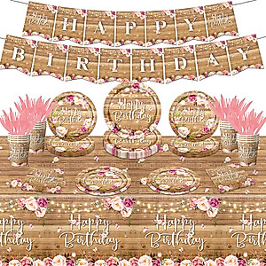 142Pcs Floral Birthday Party Plates Wood Grain Flower Tableware Set for Girls Kids Bridal Shower Party Supplies Rustic Wooden Birthday Paper Plates Napkins Forks Decorations for 20 Guests