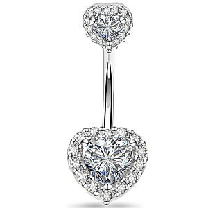OUFER 14mm Double Heart Cubic Zirconia Navel Belly Button Ring Surgical Steel Piercing Jewelry