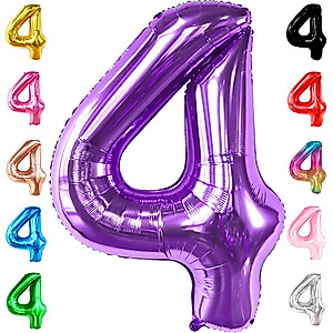 KatchOn, Giant Purple 4 Balloon Number - 40 Inch | Purple Number 4 Balloon, Mermaid 4th Birthday Decorations for Girls | 4th Birthday Balloons | 4 Purple Balloon for 4th Mermaid Party Decorations