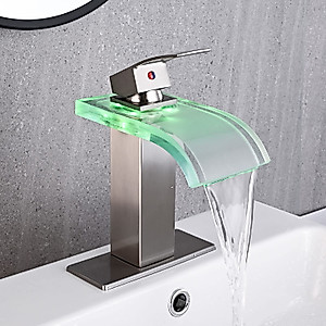 AVSIILE LED Bathroom Sink Faucet, Brushed Nickel Waterfall Single Hole Handle Vanity Faucets for Sinks 1 Hole with Metal Pop Up Drain and 2 Water Supply Lines, Wide Glass Spout