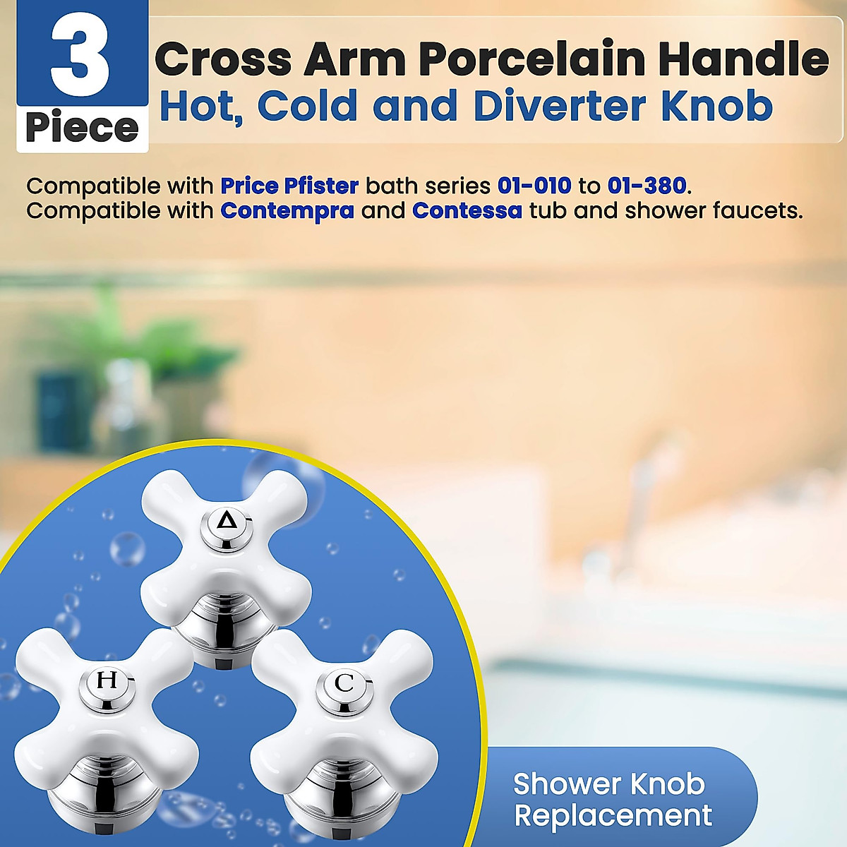 Enhon 3 Pcs Porcelain Handle Set, Compatible with Price Pfister Shower Valve, Hot Cold and Diverter Handle, Fits 12 Point Broach Stem, Chrome Finish White Porcelain(Cross Arm)