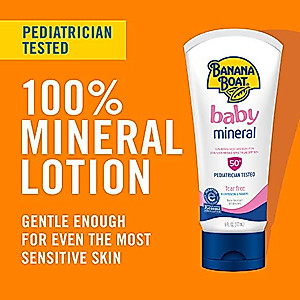 Banana Boat Baby 100% Mineral, Tear-Free, Reef Friendly, Broad Spectrum Sunscreen Lotion, SPF 50, 6oz. , 2 Count (Pack of 1)