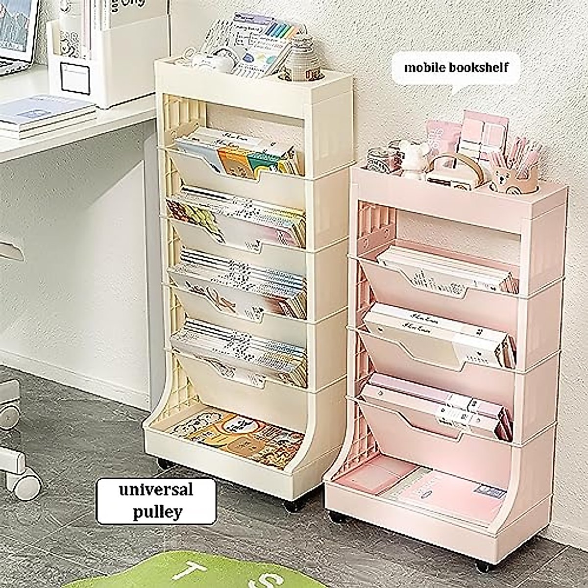Rolling Book Shelf Organizer Mobile Book Shelf Cart 6 Tier Movable Bookshelf Cart Desk Side Cart for Office Dorm Classroom,Pink,5 Tier