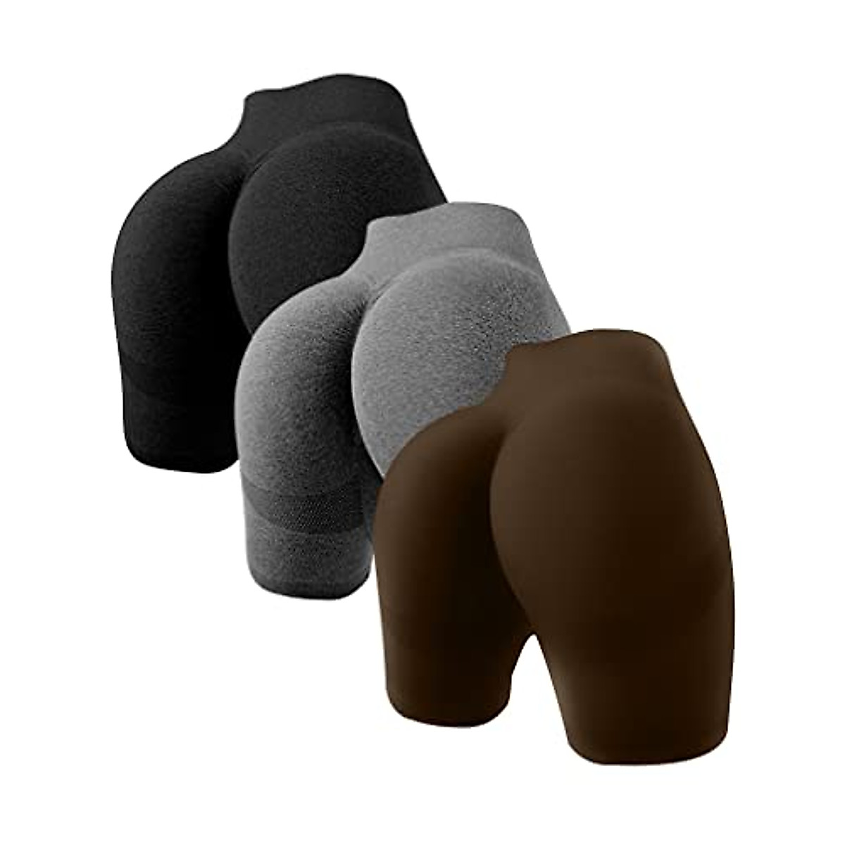 OQQ Women's 3 Piece Butt Lifting Yoga Workout High Waist Tummy Control Ruched Booty Pants Shorts, Black Grey Coffee1, Large