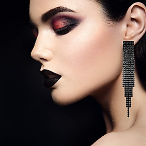 Statement Black Clip On Earrings Extra Long Earrings 1920s Earrings Art Deco Earrings Great Gatsby Earrings Flapper Earrings Statement Earrings Gun Metal Black Earrings Rhinestone Crystal Drop Earrings for Women (Black Clip-Ons)