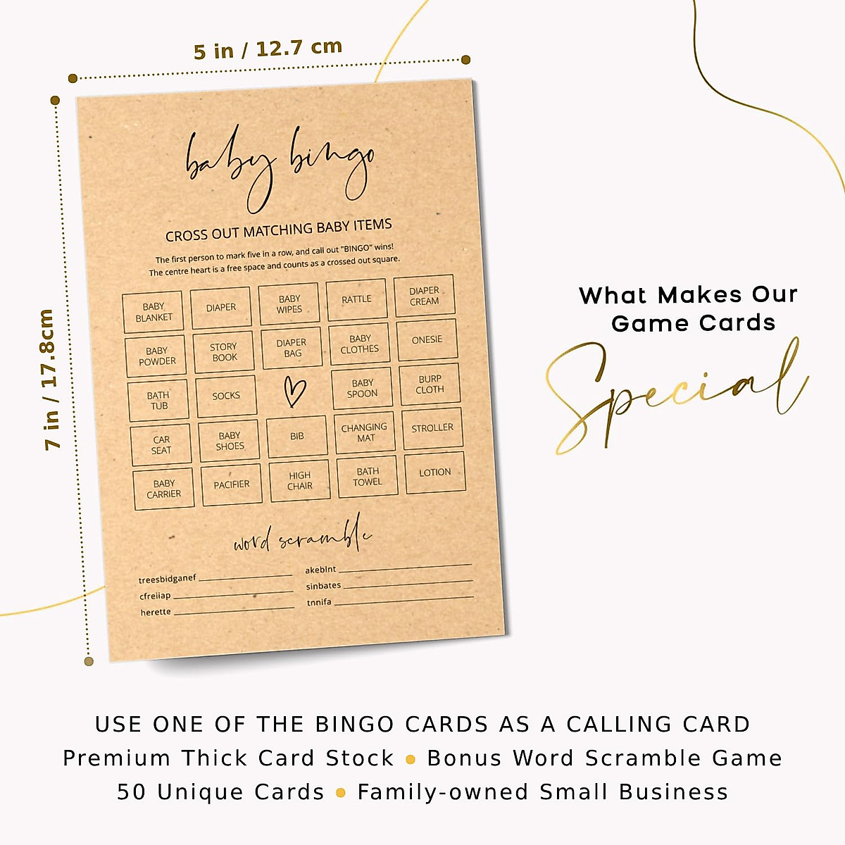 Baby Shower Bingo Game (50 Unique Cards), Pre-filled, Added Word Scramble, Fun Baby Shower Games for Boy or Girl (Kraft)