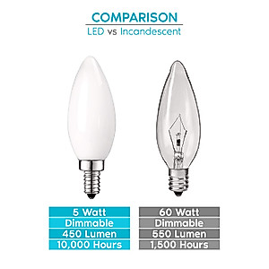 LUXRITE 5W Frosted E12 LED Bulb 60W Equivalent, 2700K Warm White, 450 Lumens, Dimmable Candelabra LED Bulbs, Torpedo Tip Glass, LED Candle Light Bulbs, UL Listed (6 Pack)