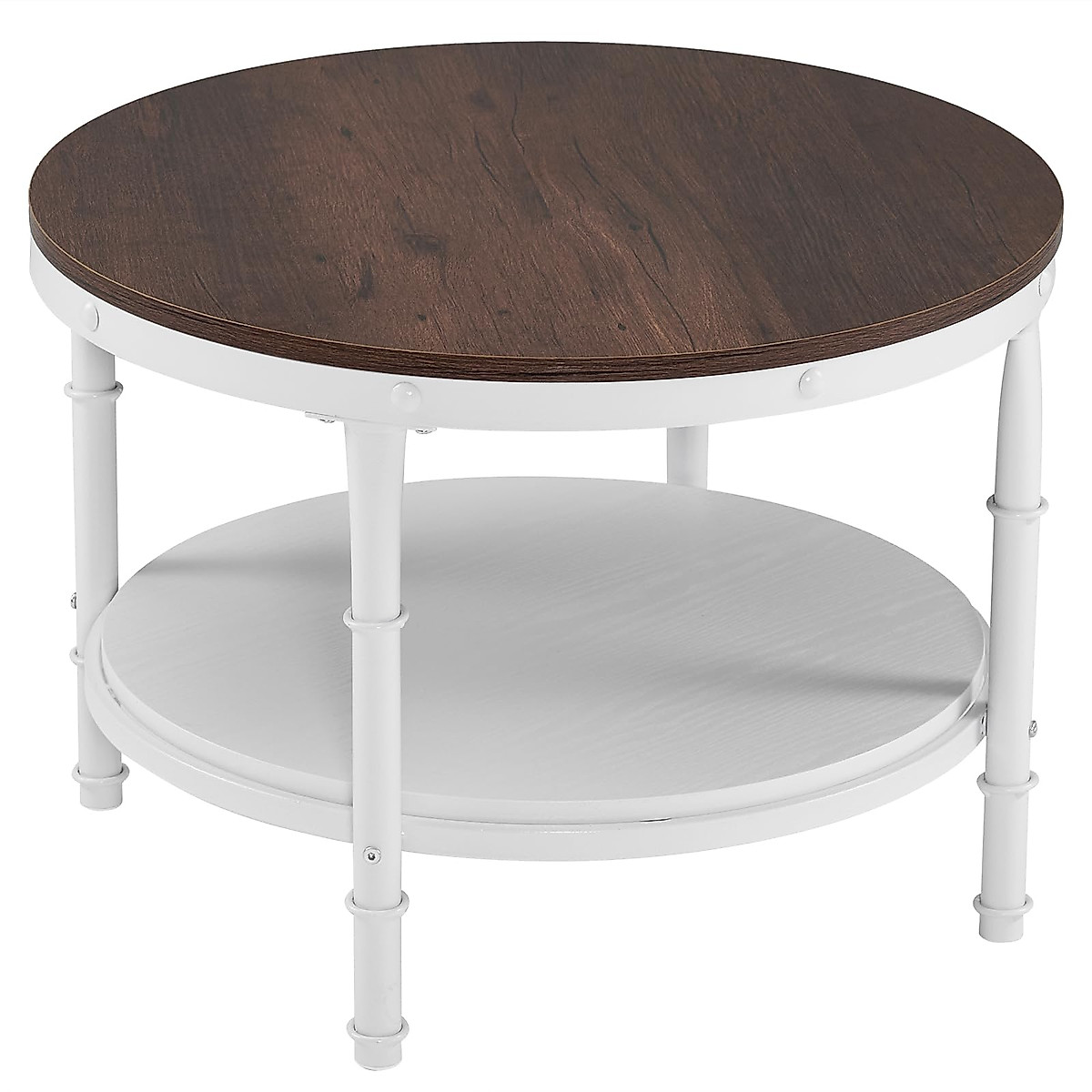 VINGLI 25.6" Rustic Oak White Round Farmhouse Coffee Table, 2-Tier Storage Wood Center Circle Accent Table for Living Room, Bedroom, Apartment, Studio and Small Spaces, Sturdy Metal Frame